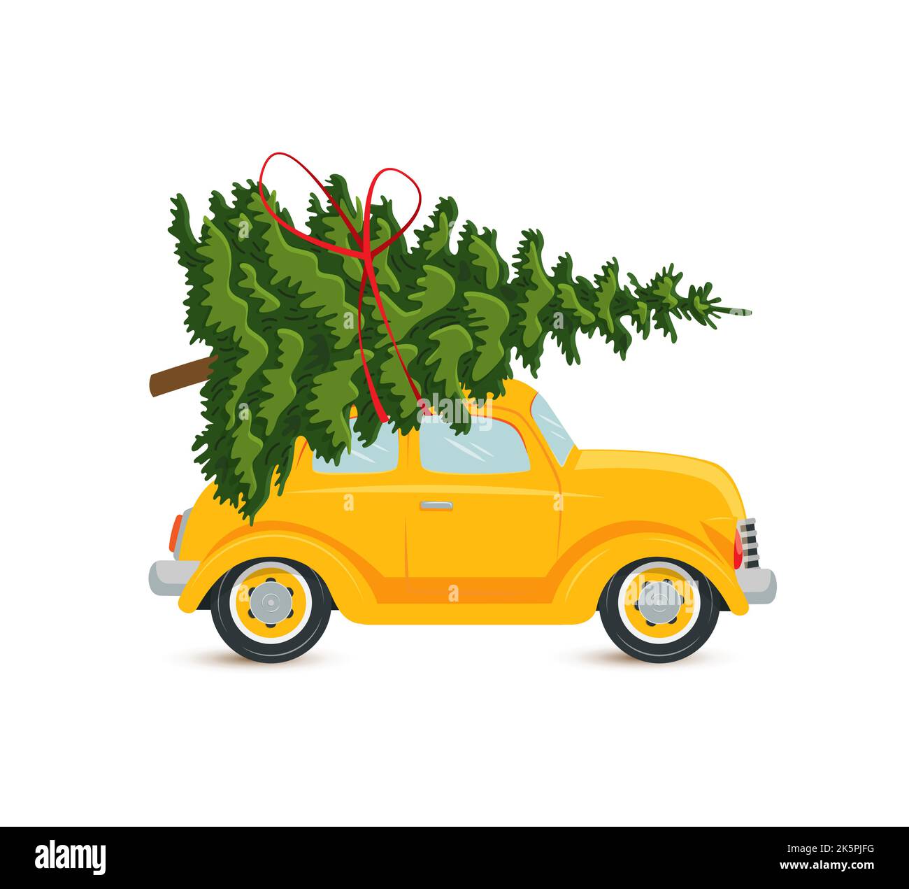 Yellow car with a Christmas tree, a postcard on a white background ...