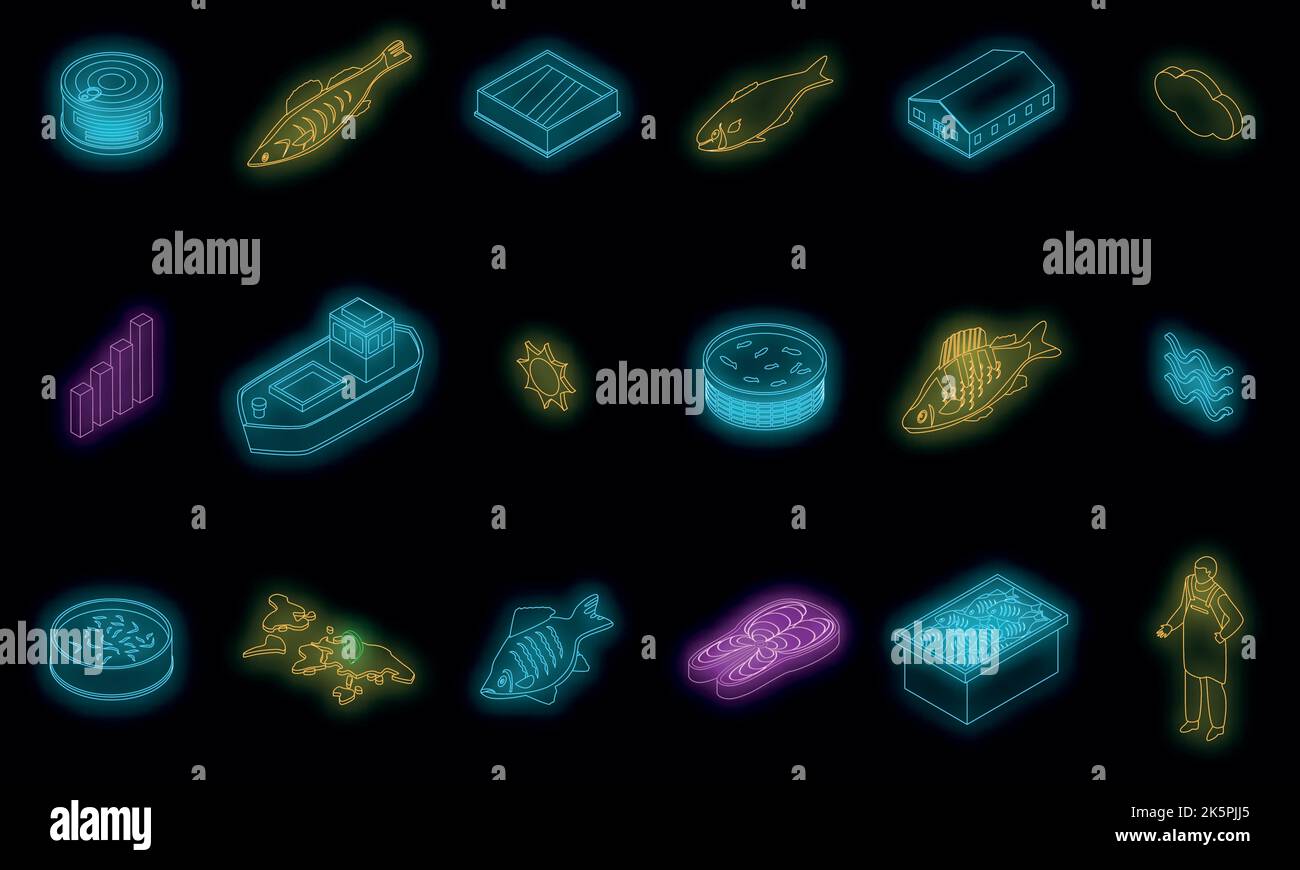 Fish farm icons set. Isometric set of fish farm vector icons neon color ...