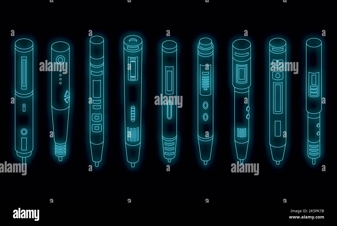 3d pen icons set. Isometric set of 3d pen vector icons neon color on ...