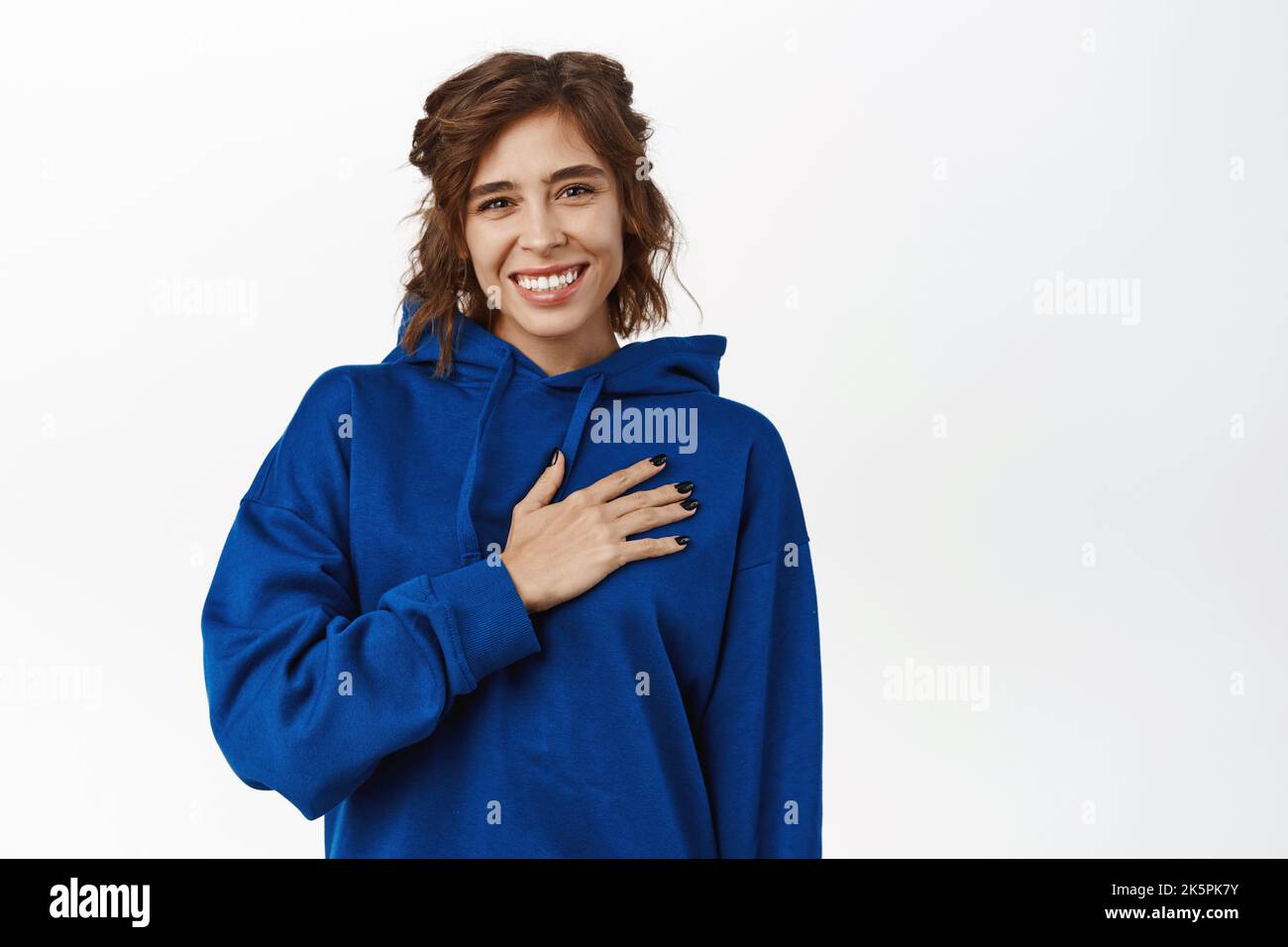 Praise and compliment. Happy smiling young woman, student receive ...