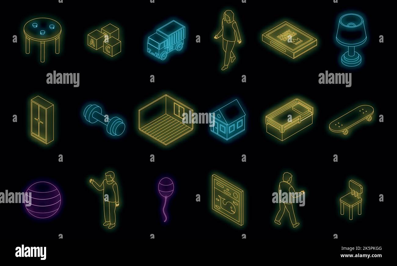 Childrens room icons set. Isometric set of childrens room vector icons neon color on black Stock ...