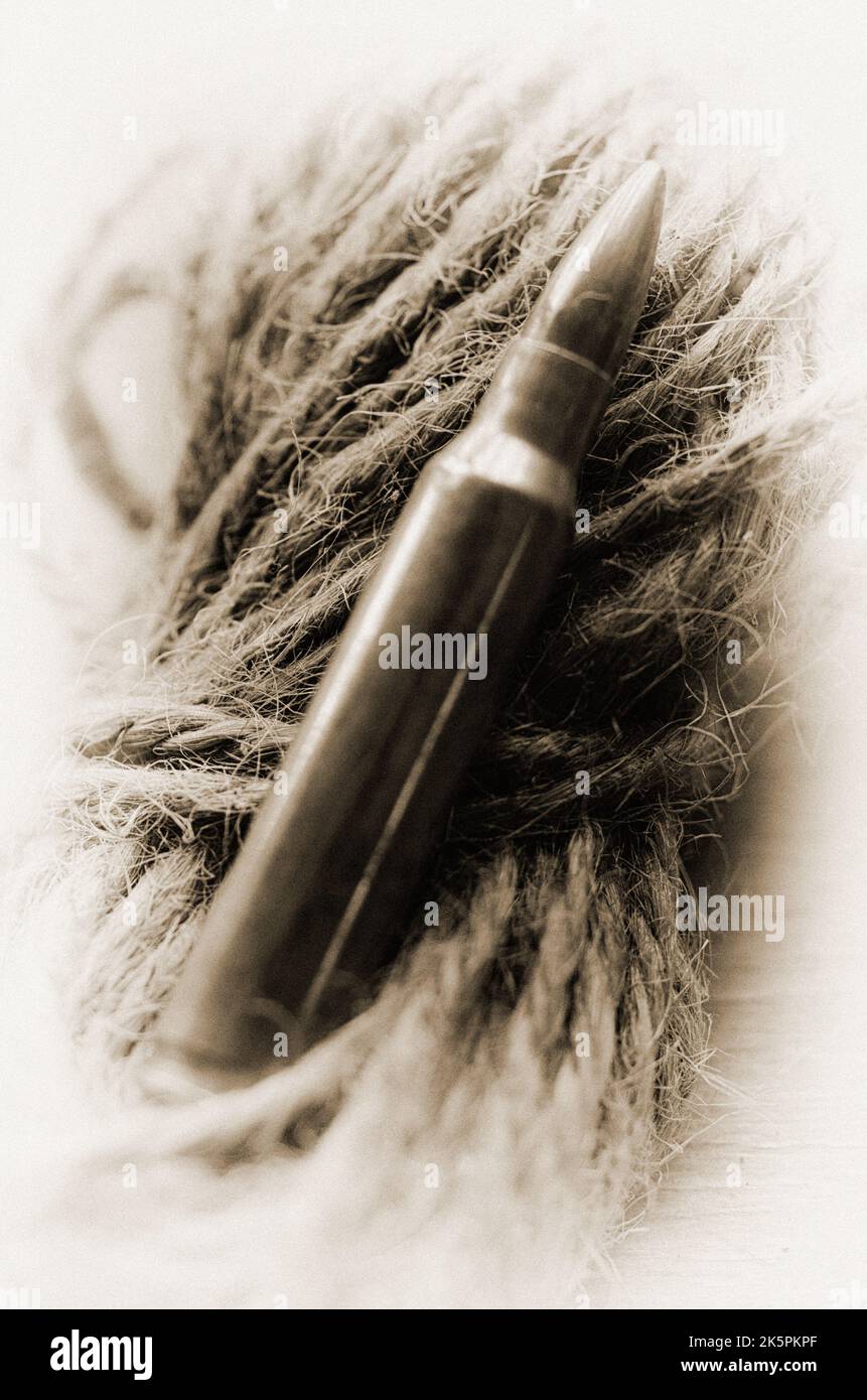 old brass rifle bullet resting on fibrous string Stock Photo - Alamy