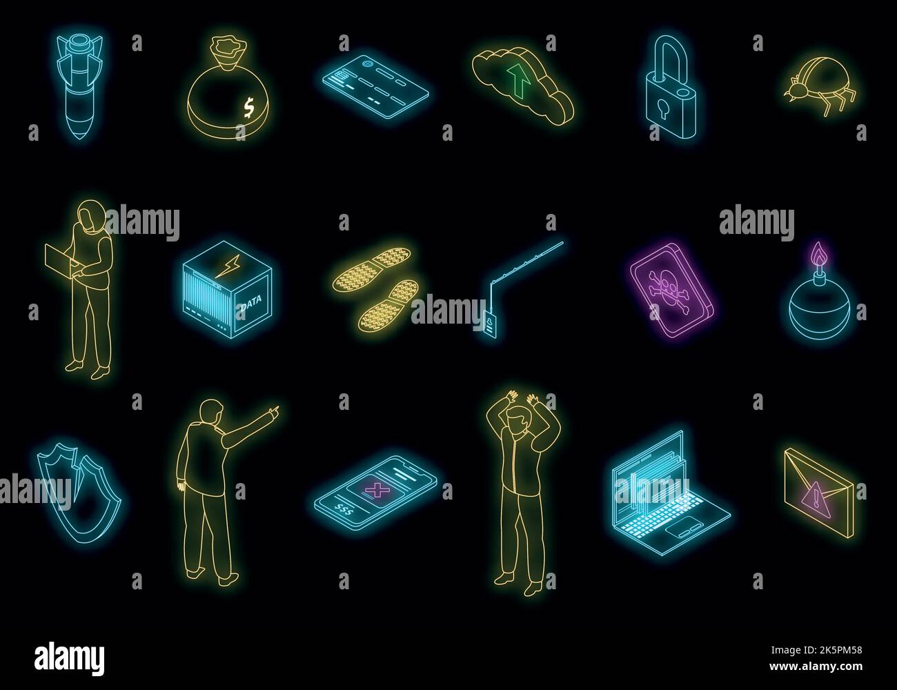 Fraud icons set. Isometric set of fraud vector icons neon color on ...
