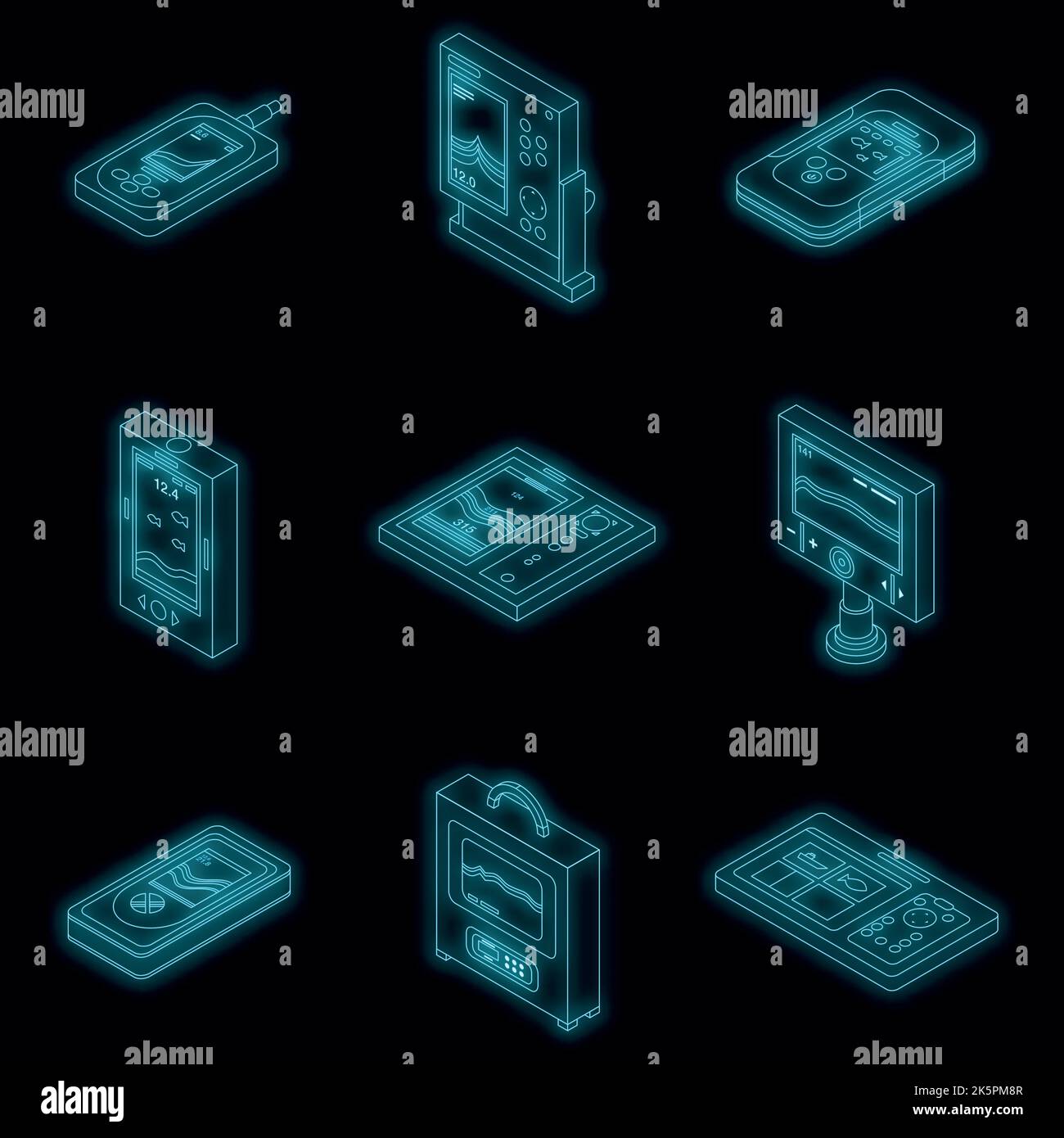 Echo sounder icons set. Isometric set of echo sounder vector icons neon ...
