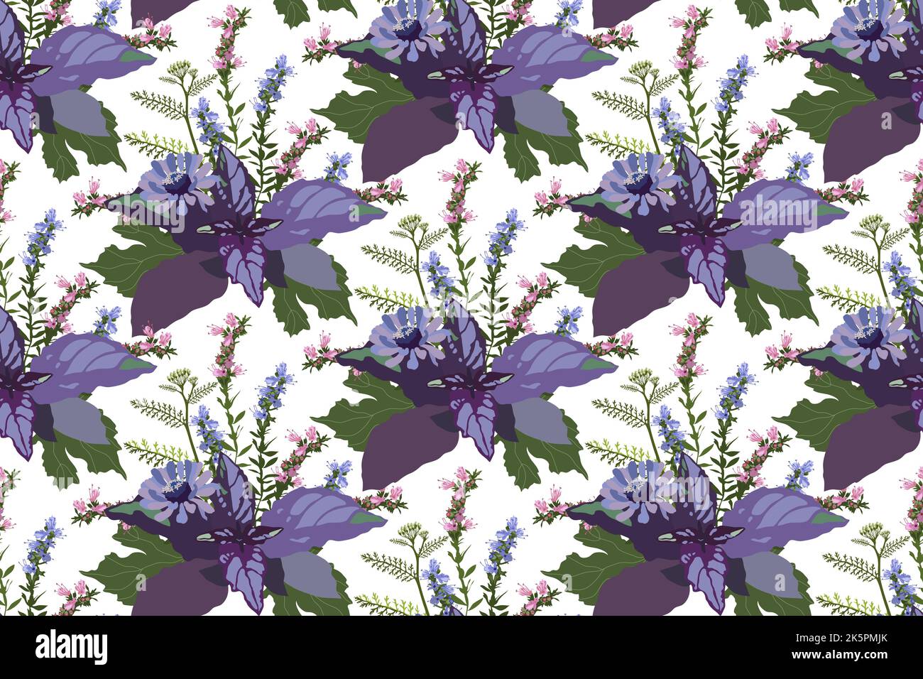 Vector floral seamless pattern. Illustration with zinnias and herbs on a white background Stock ...