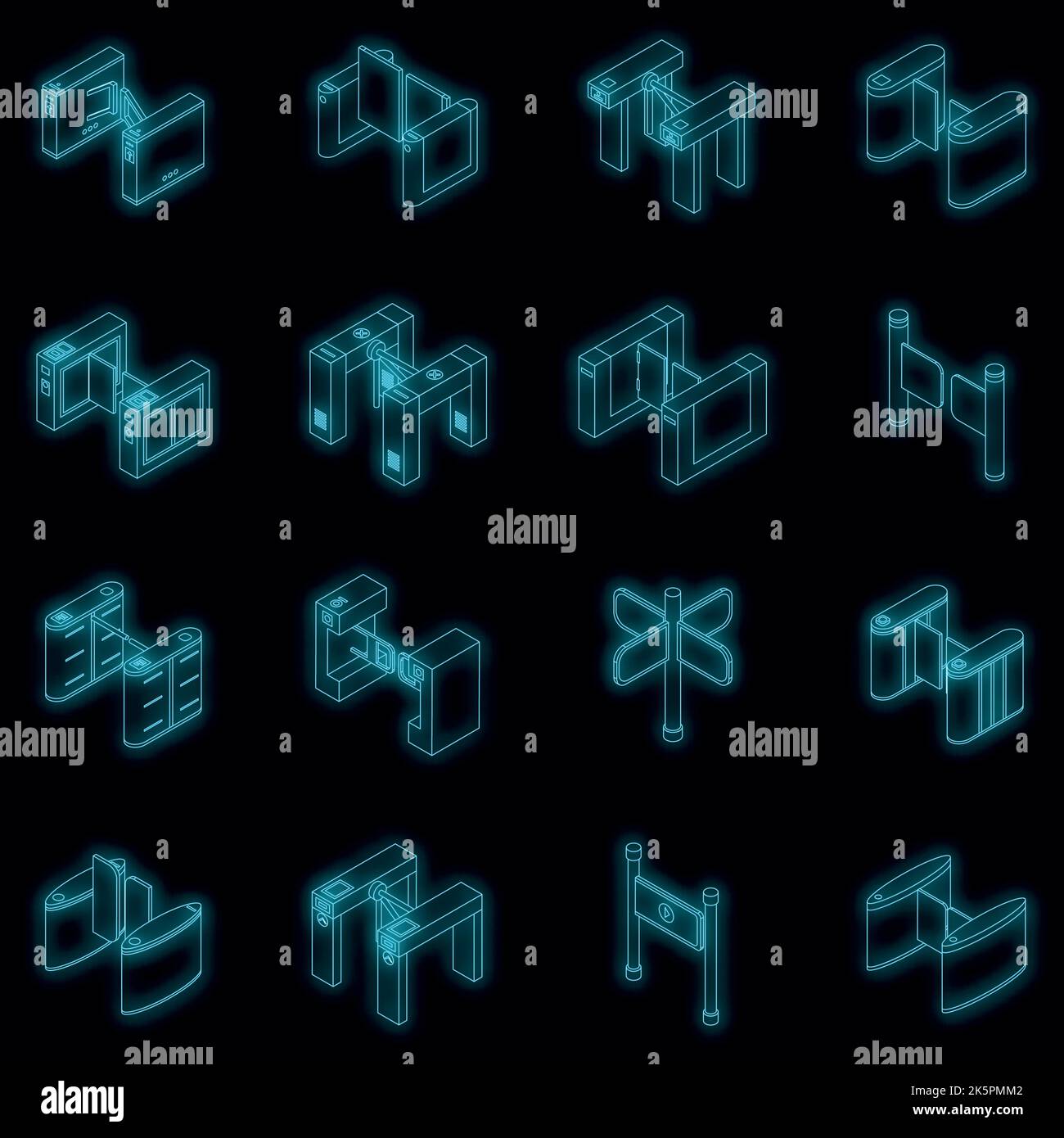 Turnstile icons set. Isometric set of turnstile vector icons neon color on black Stock Vector ...