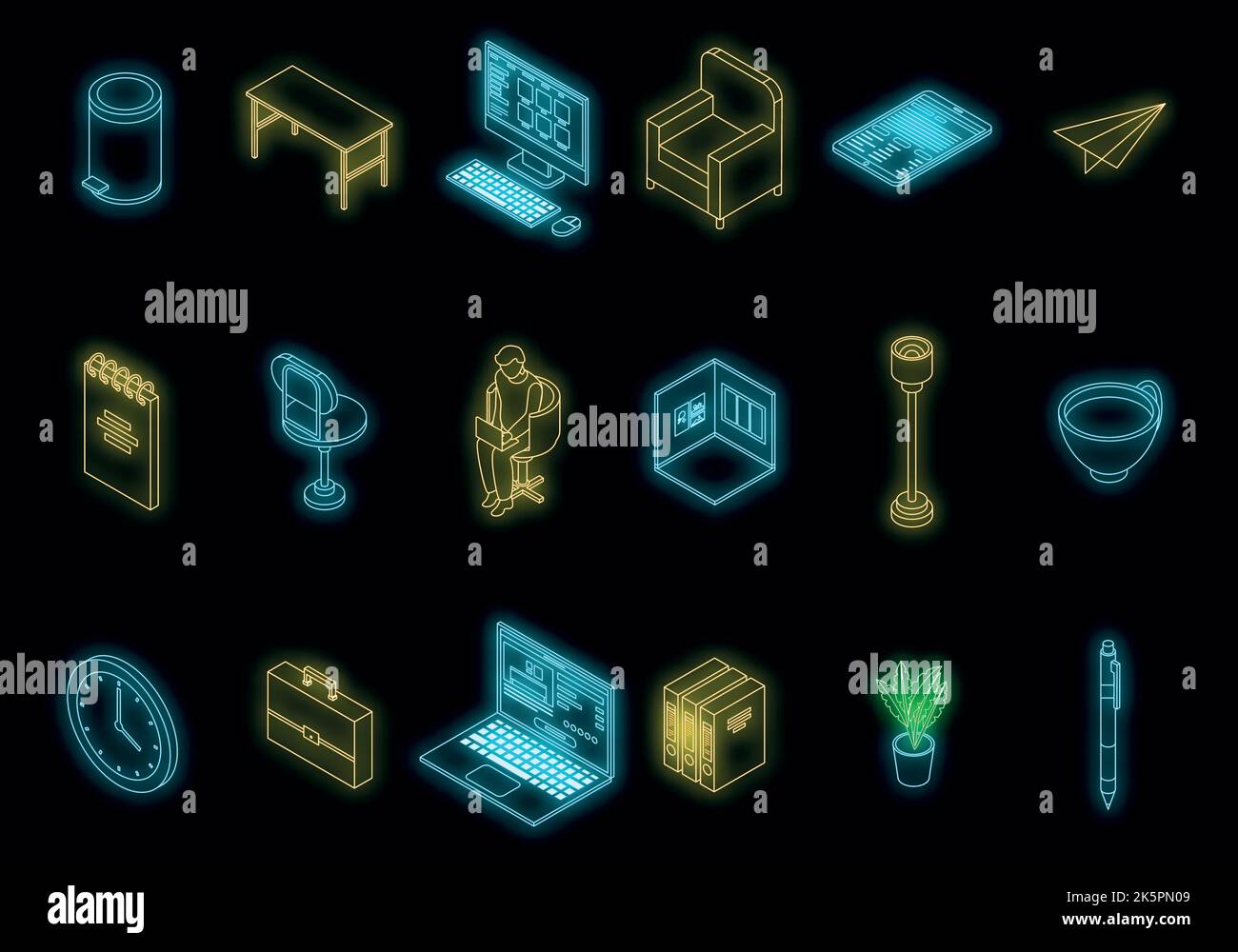 Home office icons set. Isometric set of home office vector icons neon ...