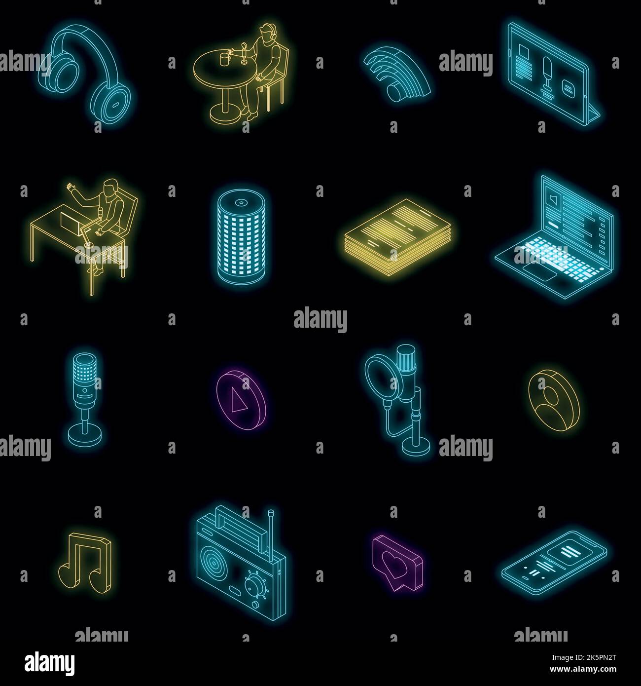 Podcast icons set. Isometric set of podcast vector icons neon color on ...