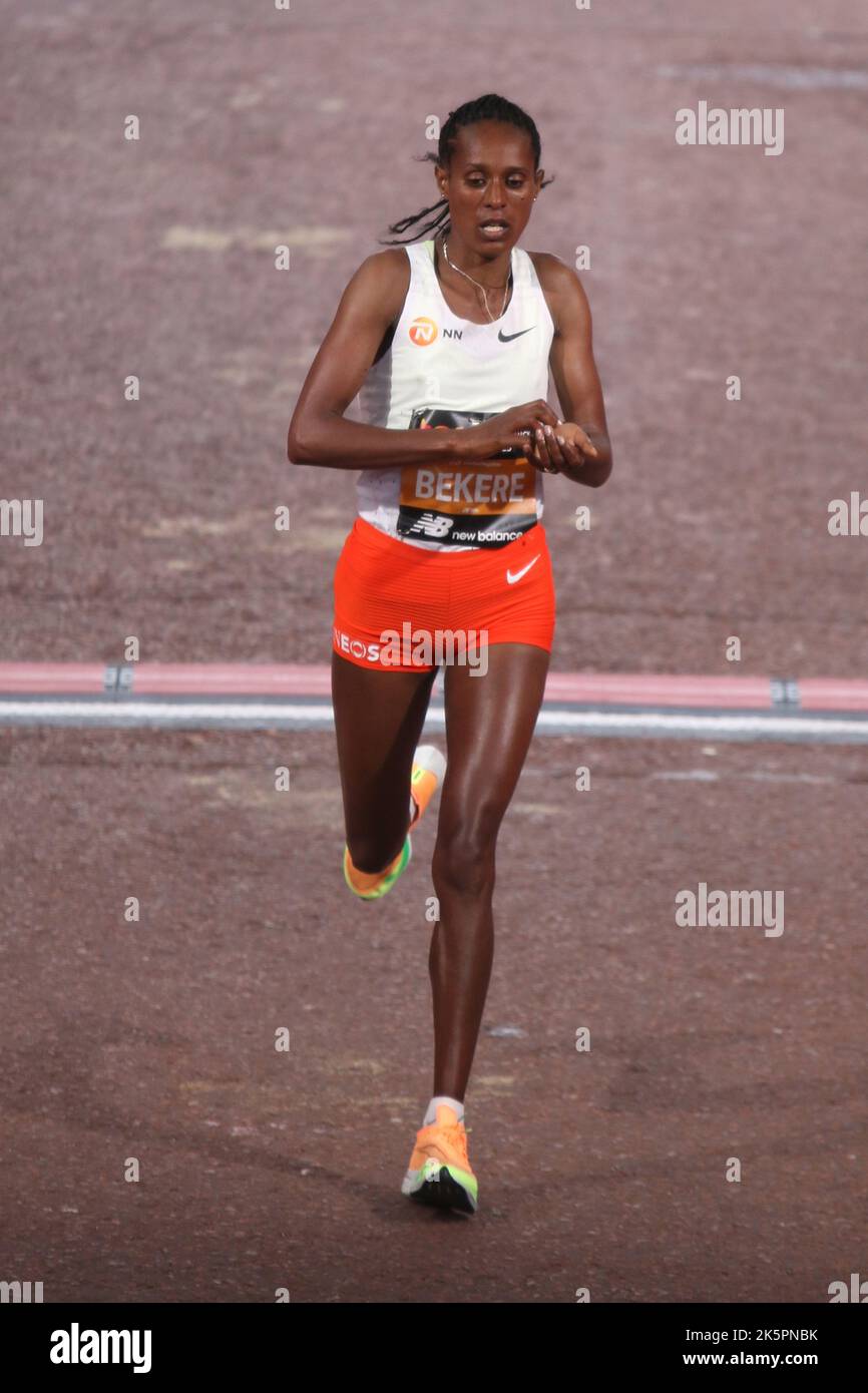 Ashete BEKERE, (ETH) of Ethiopia finishes in the womens London marathon ...