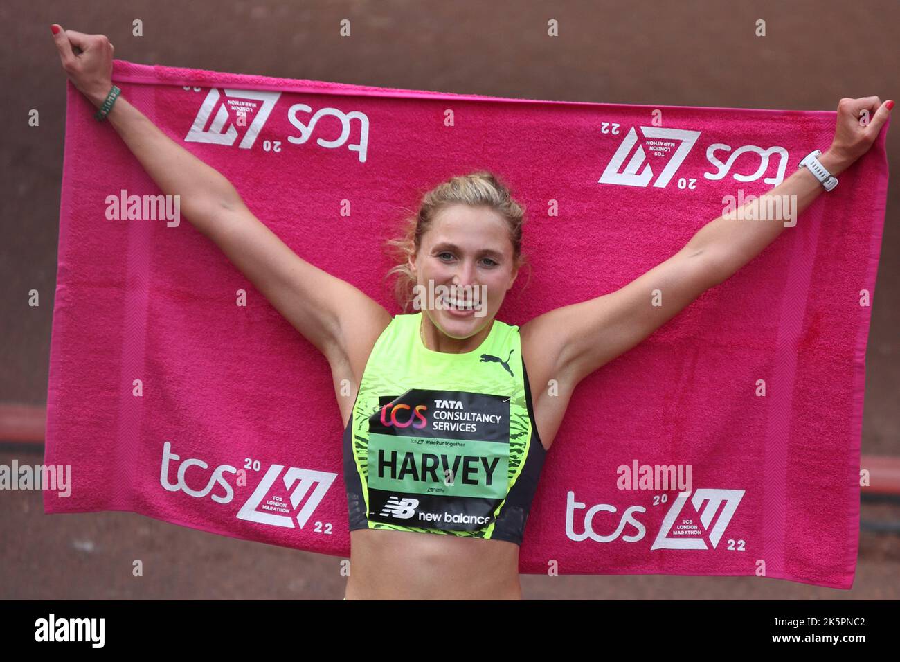 Rose Harvey of Great Britain finishes in the womens London marathon ...