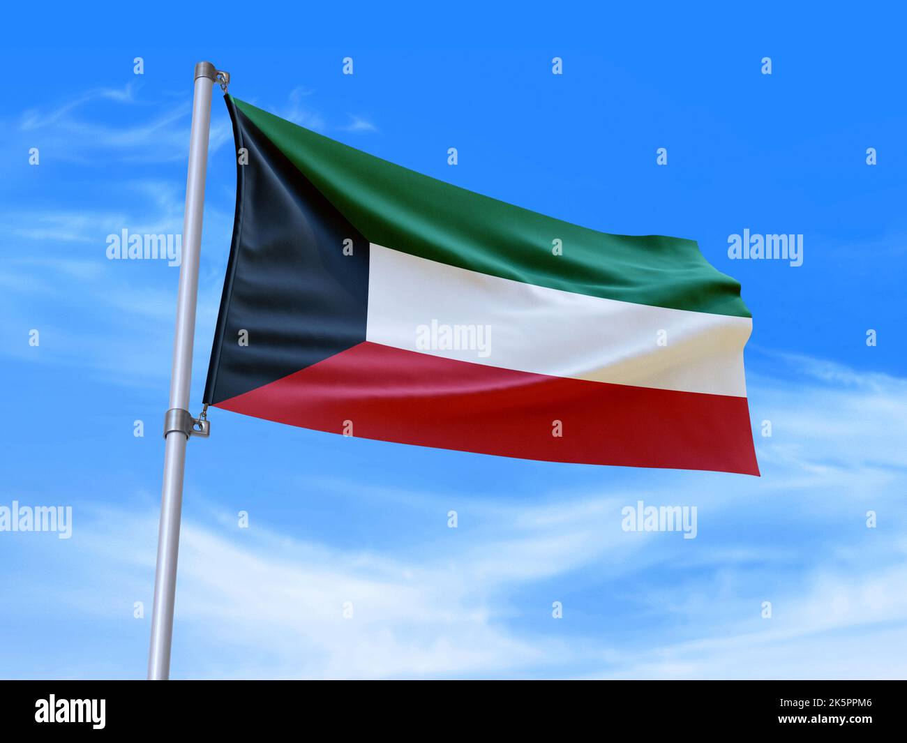 Beautiful Kuwait flag waving in the wind with sky background - 3D ...