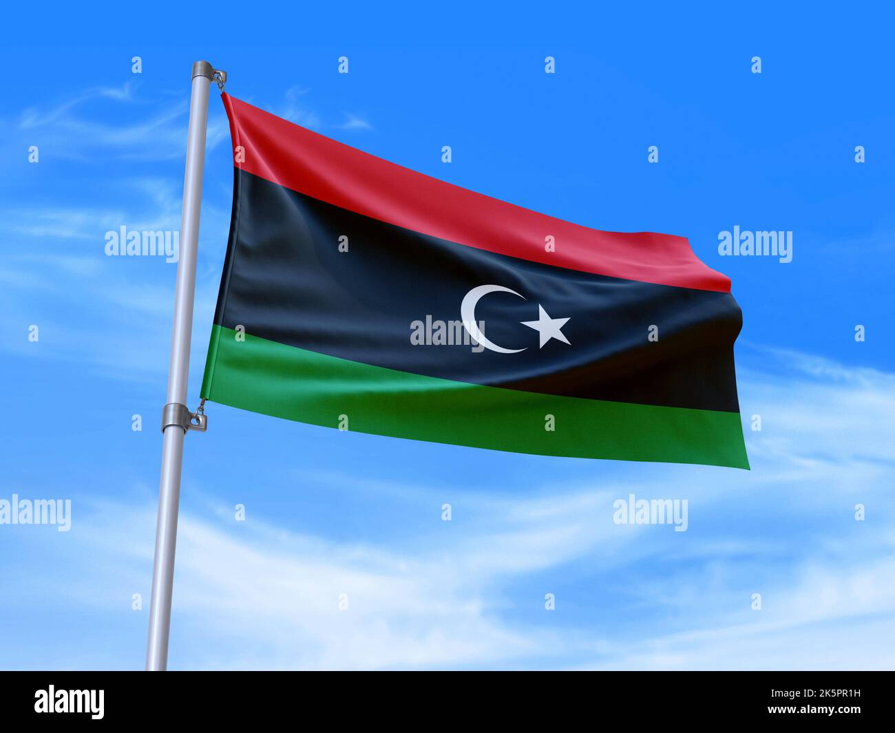 Beautiful Libya flag waving in the wind with sky background - 3D ...