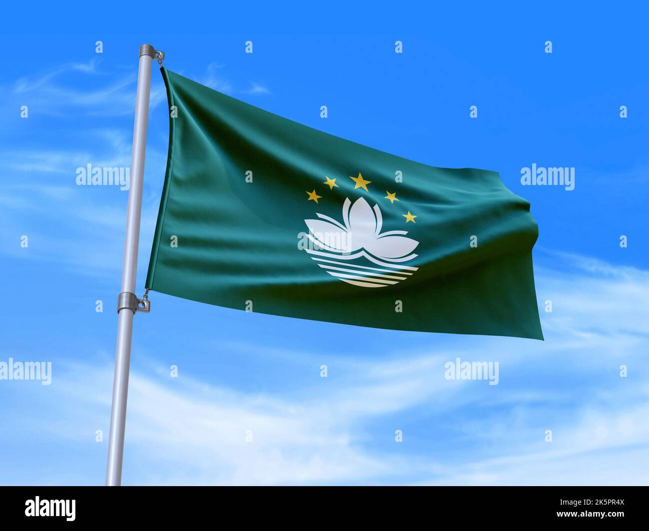 Beautiful Macau flag waving in the wind with sky background - 3D ...