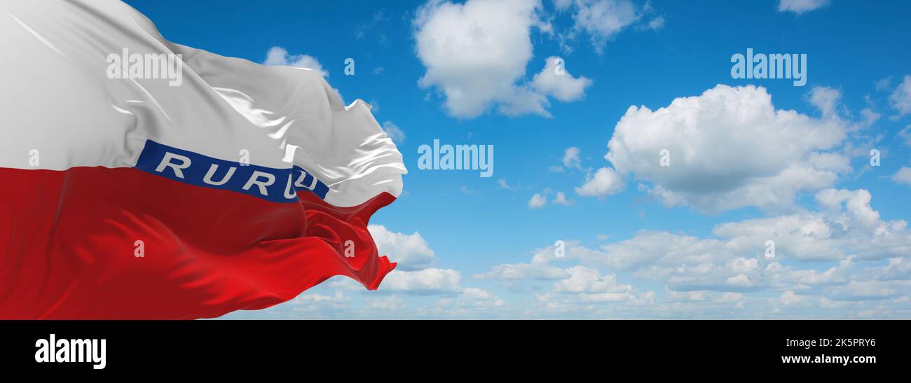 flag of Rurutu, Australia Oceania at cloudy sky background, panoramic ...