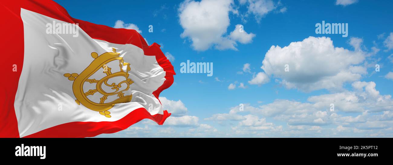 flag of Sikkim 1967 1975, asia at cloudy sky background, panoramic view ...