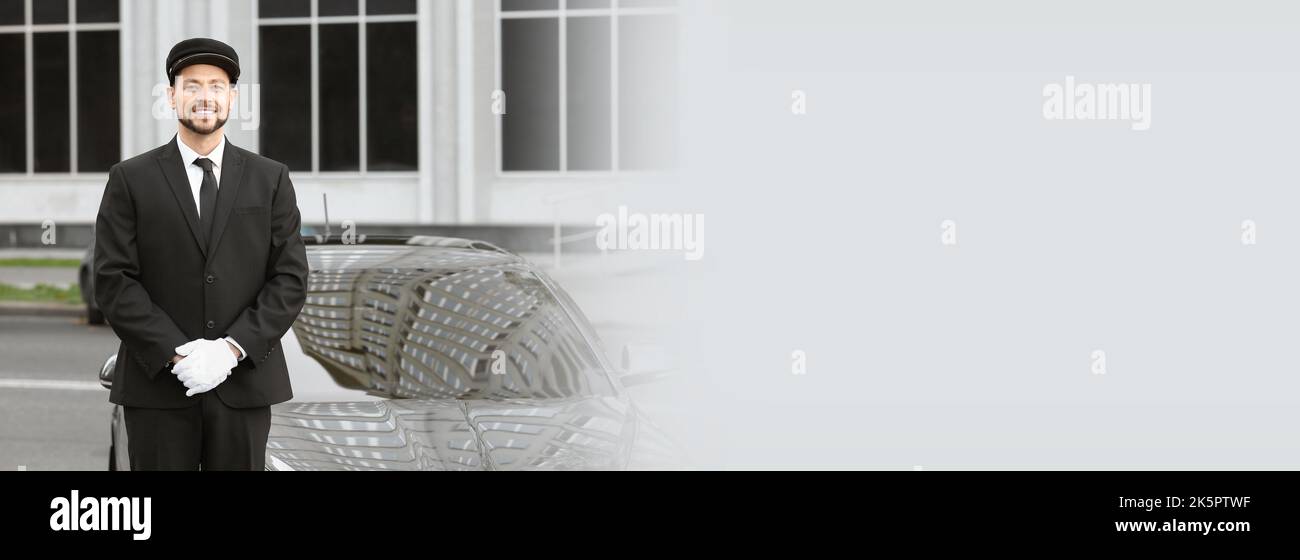 Portrait of handsome chauffeur near luxury car. Banner for design Stock ...
