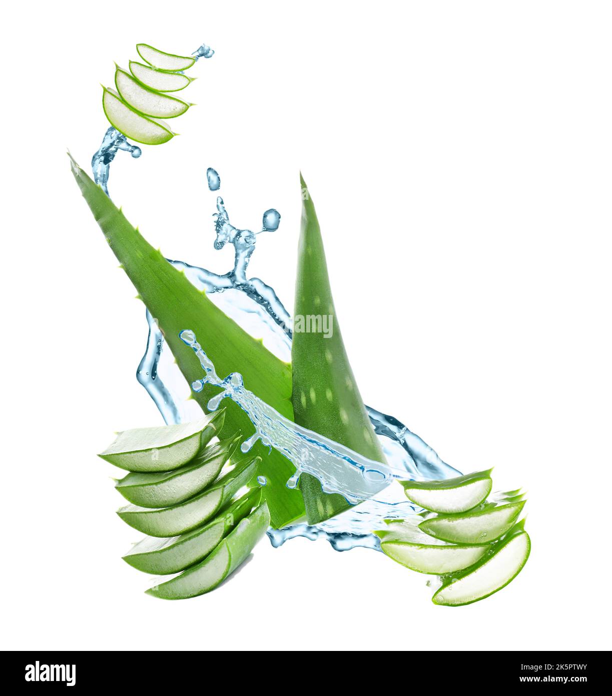 Cut aloe vera leaves with splash of water on white background Stock ...