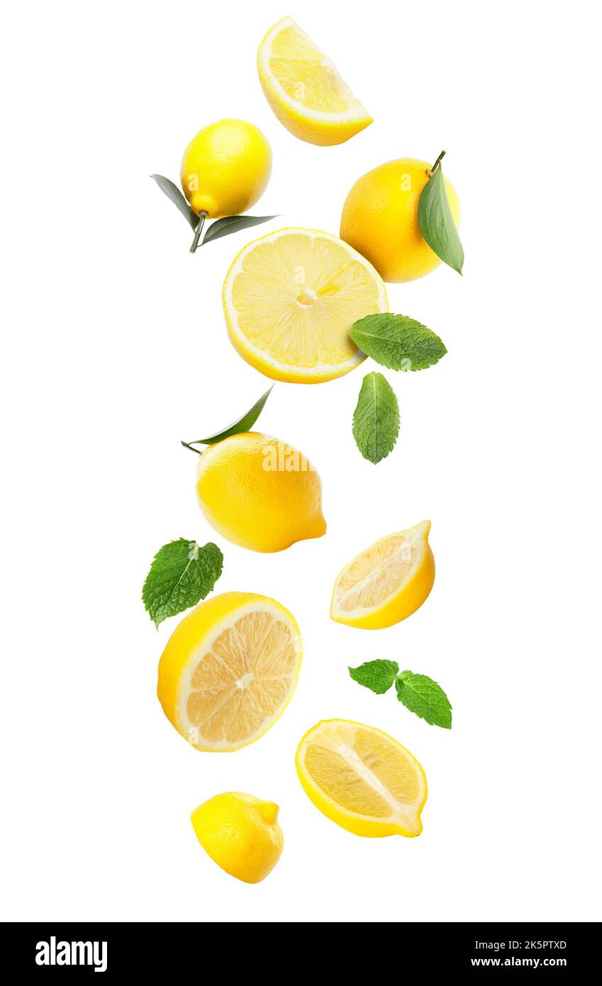 Fresh flying lemons and mint leaves isolated on white Stock Photo - Alamy