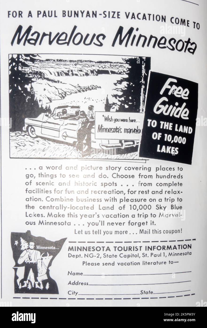 Minnesota travel tourism advertisement in NatGeo magazine, 1954 Stock ...