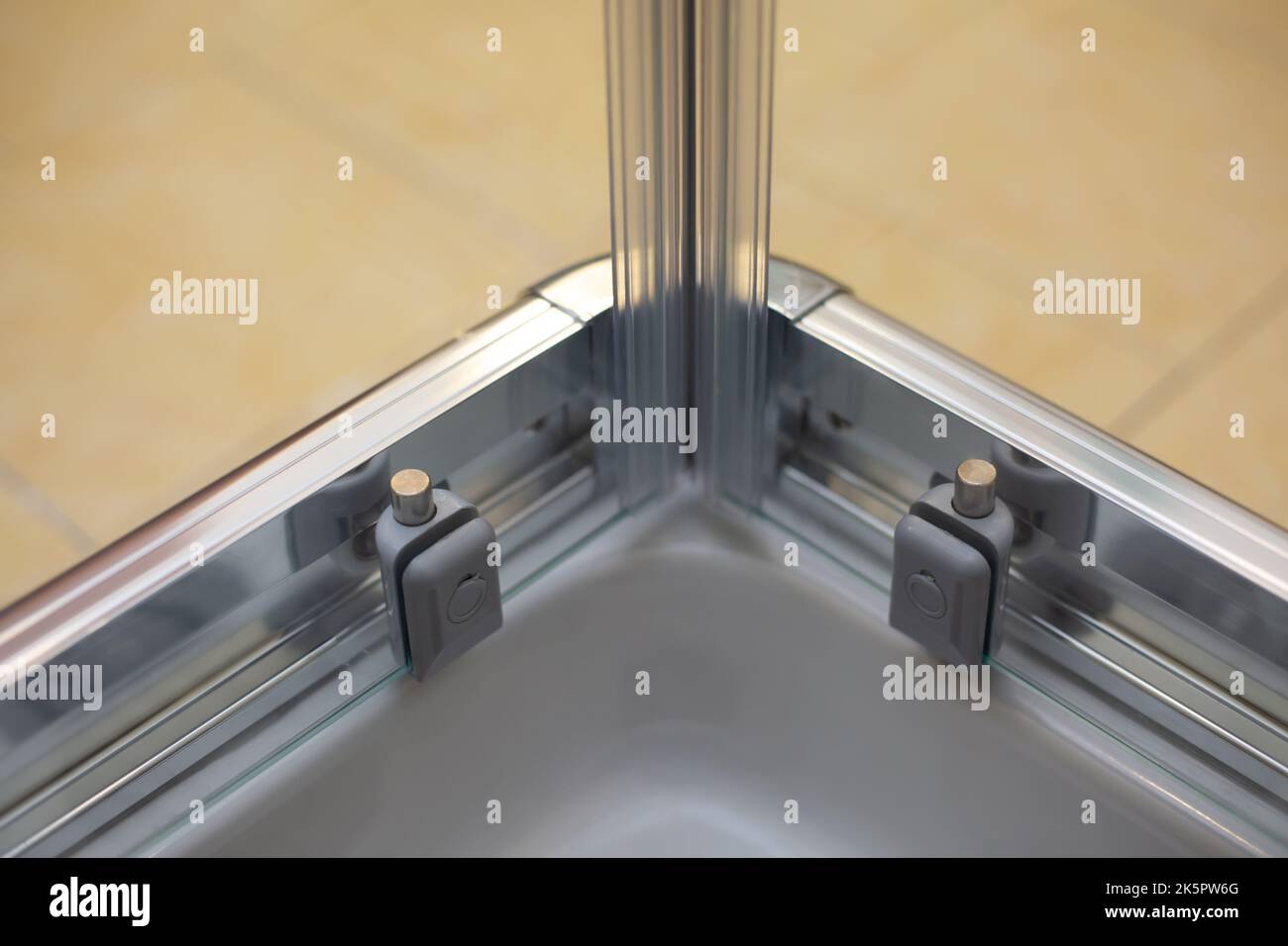 Sliding mechanism of a shower cabin.Modern bathroom interior.Close up ...