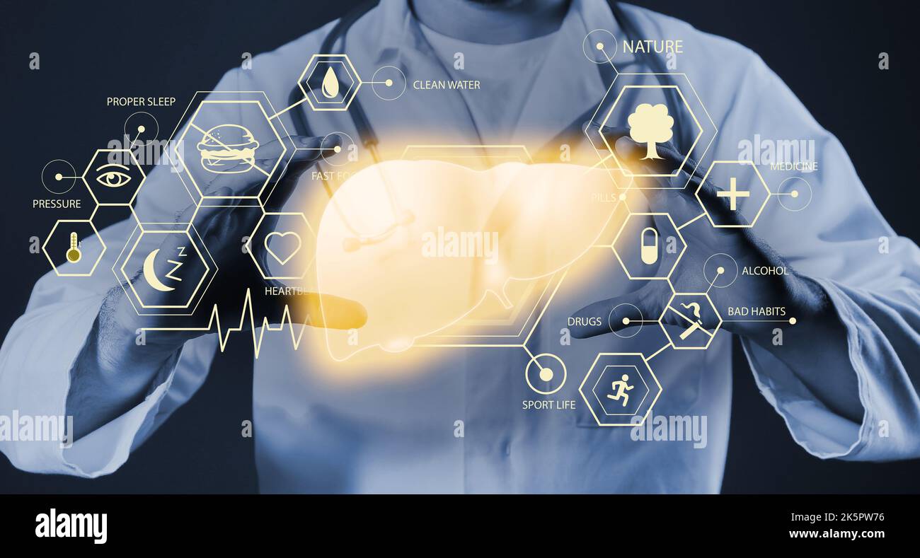 Doctor with liver and different icons on virtual screen against dark ...
