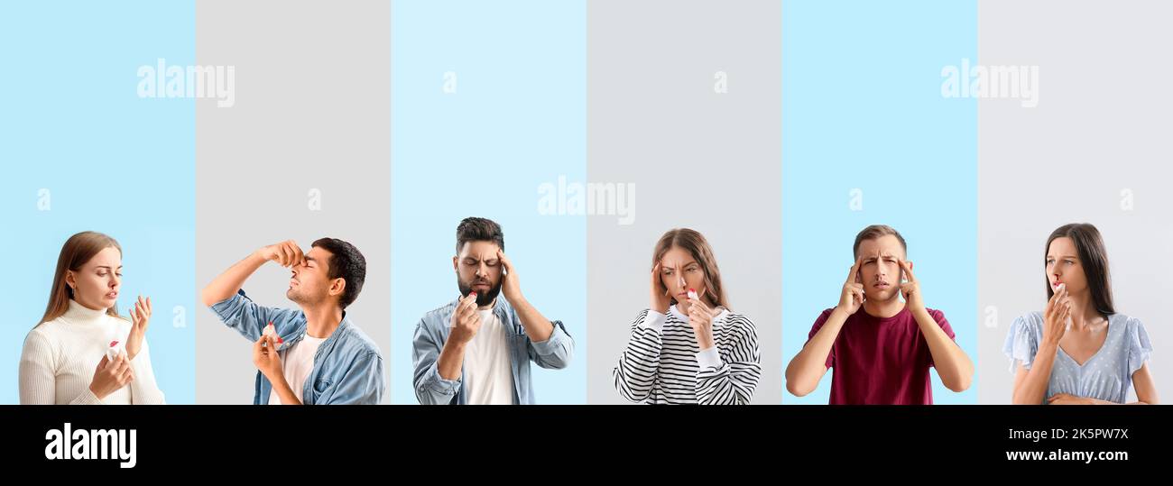 Set Of Different People Having Nosebleed On Color Background Stock