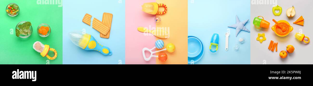 Collage of baby nibblers with food and accessories on color background ...