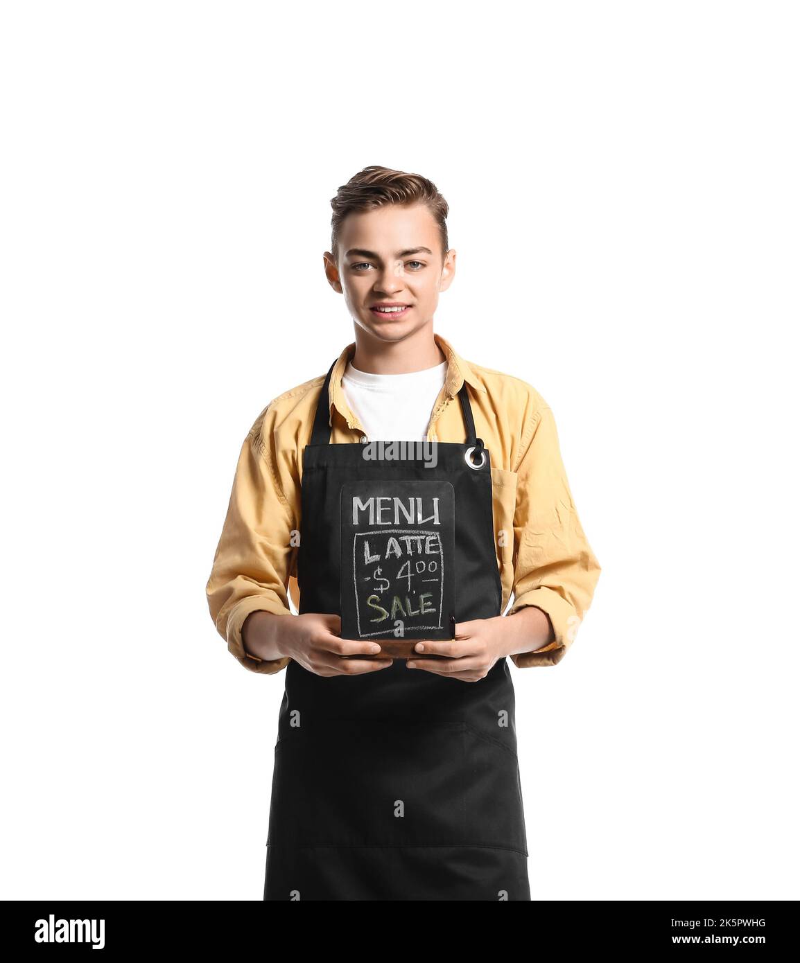 Handsome barista holding chalkboard with menu on white background Stock ...