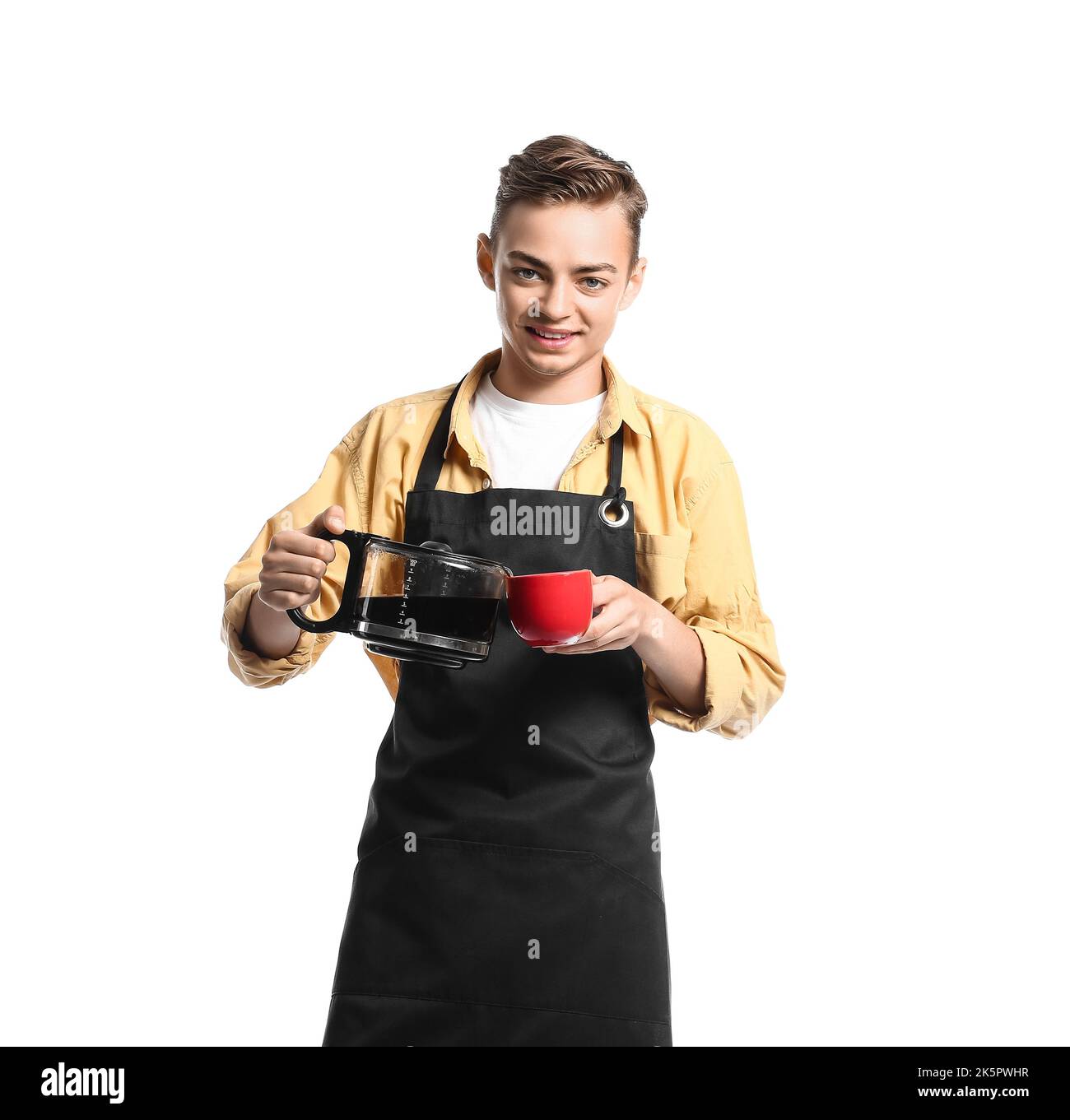 Handsome barista with cup and coffee pot on white background Stock ...