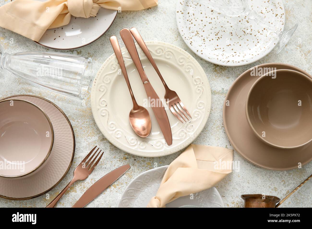 Many different tableware on white background Stock Photo - Alamy