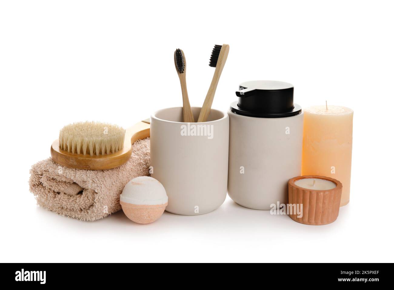 Set of bath supplies with candles isolated on white background Stock ...