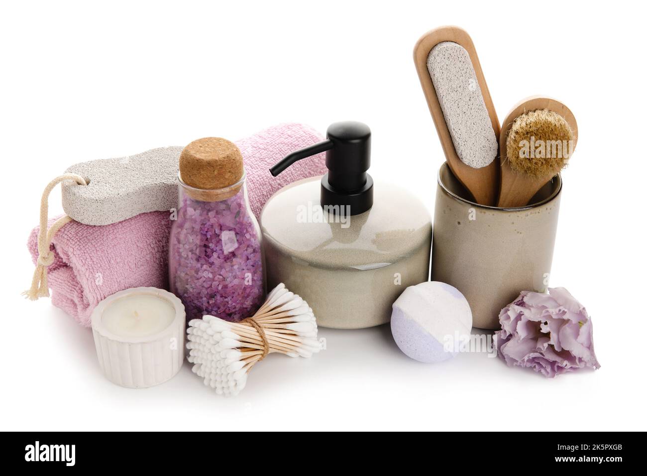 Set of different bath supplies with candle on white background Stock ...