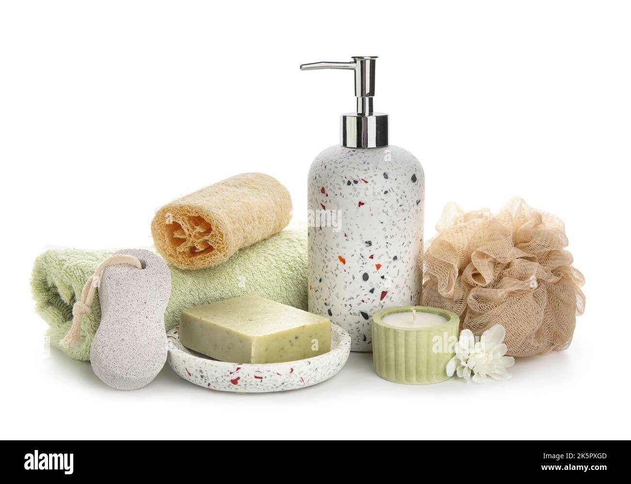Set of bath supplies with sponges on white background Stock Photo - Alamy