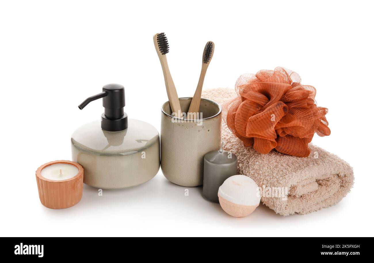 Set of different bath supplies with candles on white background Stock ...
