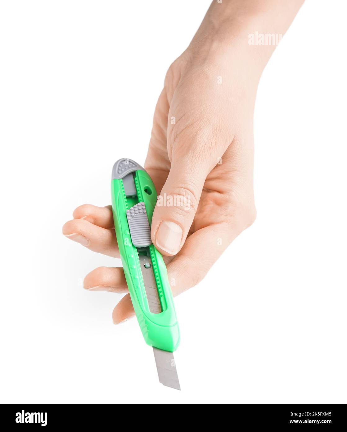 Woman with green utility knife on white background Stock Photo - Alamy