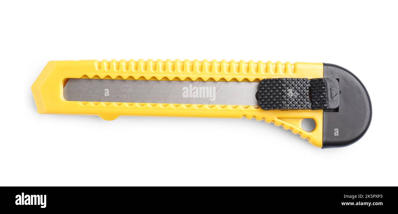 Yellow utility knife on white background Stock Photo - Alamy