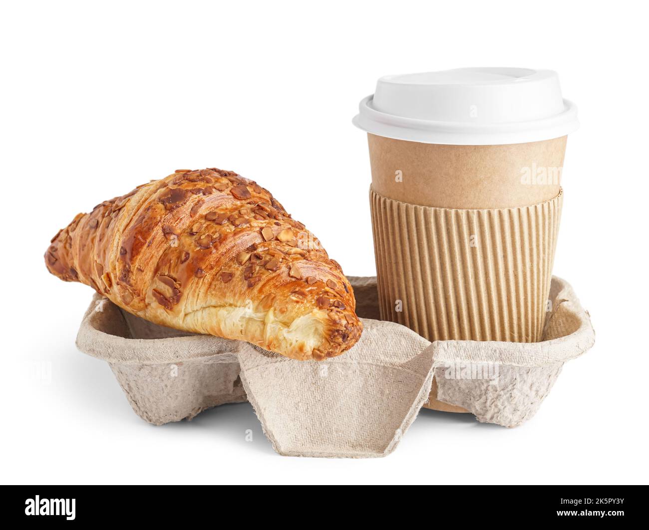 Holder with paper cup and fresh croissant on white background Stock ...