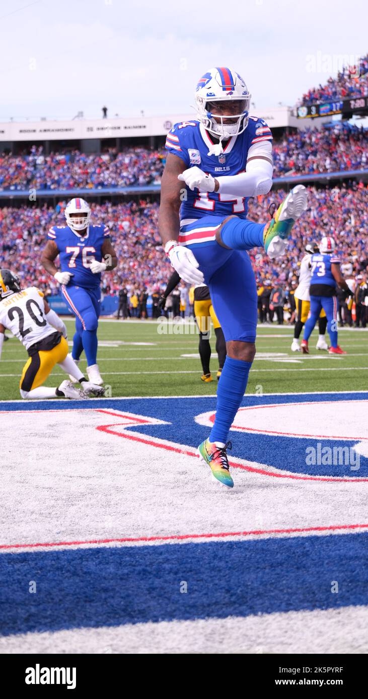 Oct 9th, 2022: Stefon Diggs #14 celebrates his touchdown by punting the ...