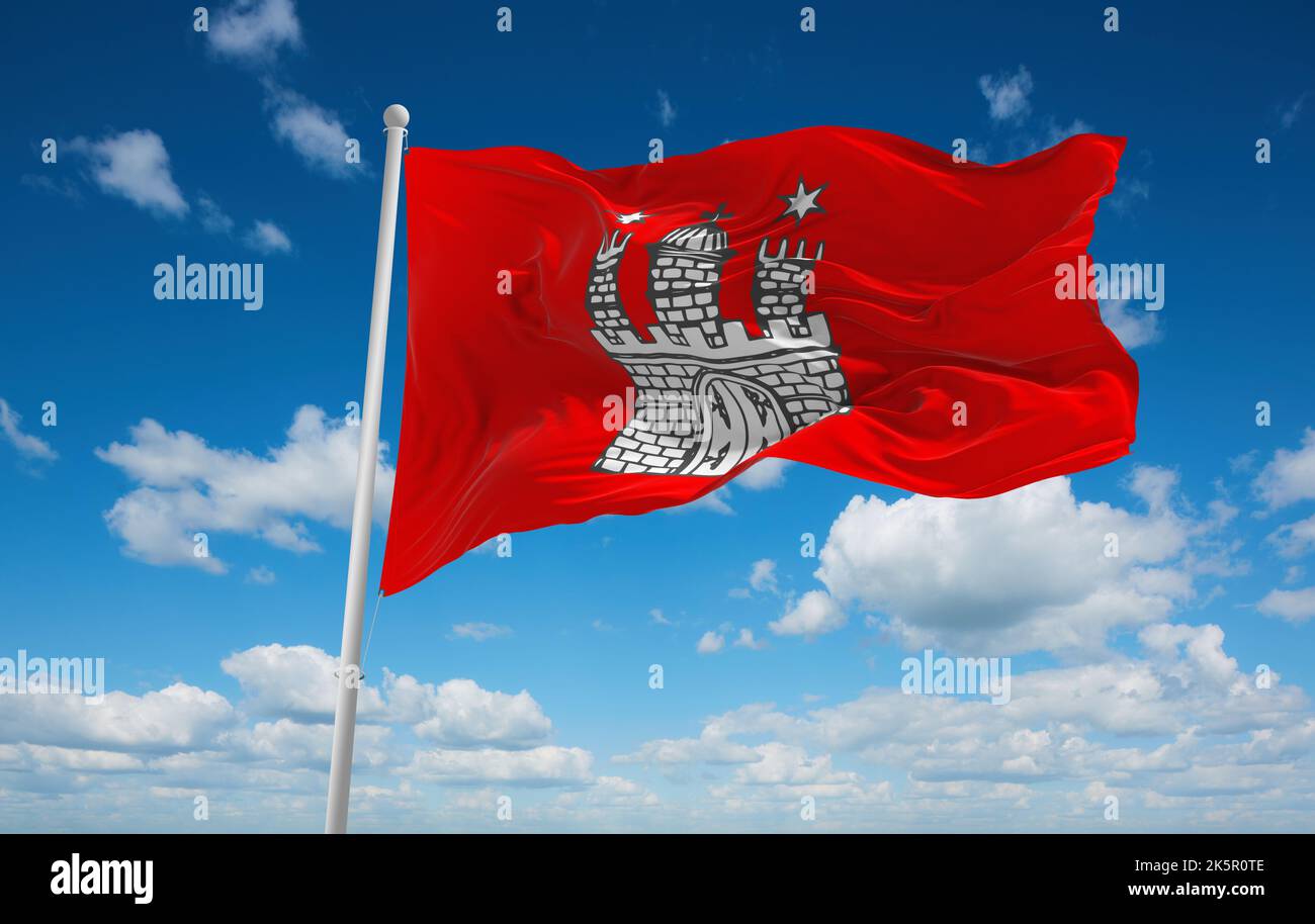 flag of Kreuzer Hamburg Toppflagge, Europe at cloudy sky background ...