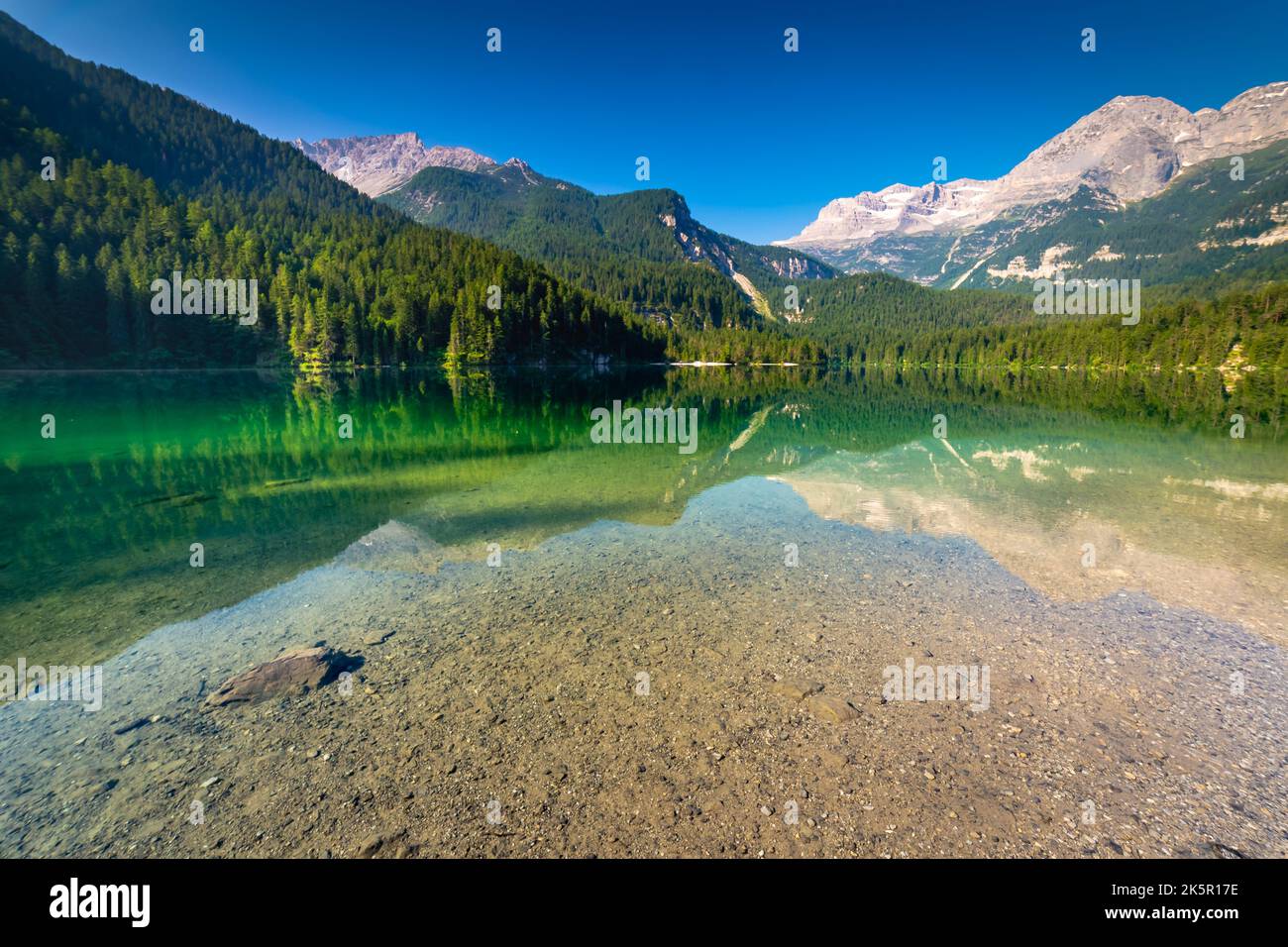 Lake Tovel reflection symmetry in Trentino-Alto Adige, Dolomites, Italy ...