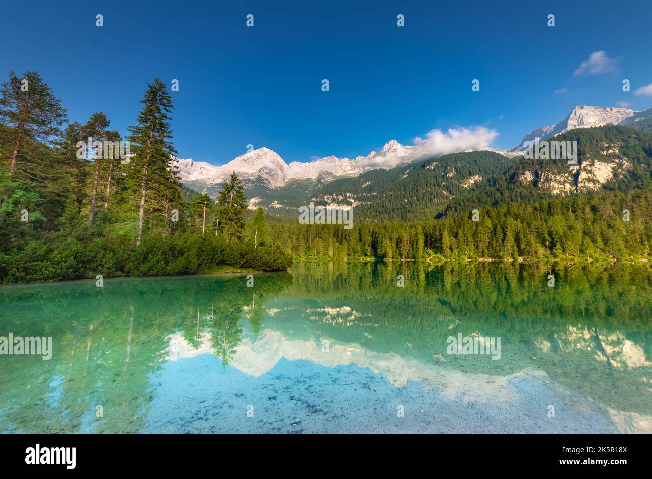 Lake Tovel reflection symmetry in Trentino-Alto Adige, Dolomites, Italy ...