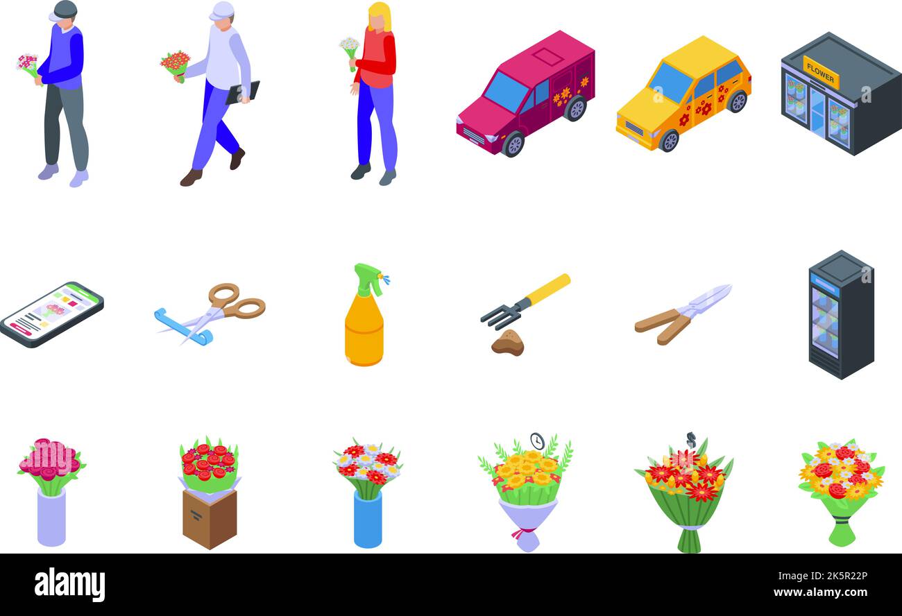 Flower delivery icons set isometric vector. Flower delivery. Deliver ...