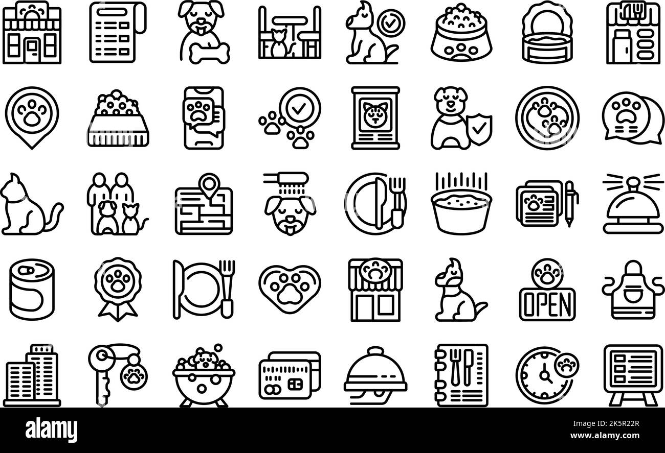 Pet restaurant icons set outline vector. Cafe interior. Room animal ...