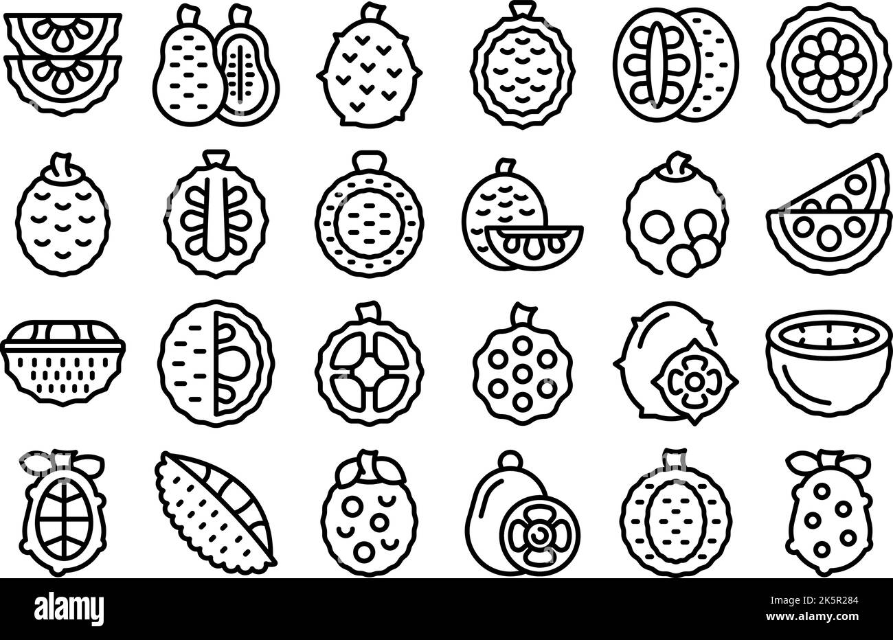 Jackfruit icons set outline vector. Vegan peeled. Tropical fruit Stock ...