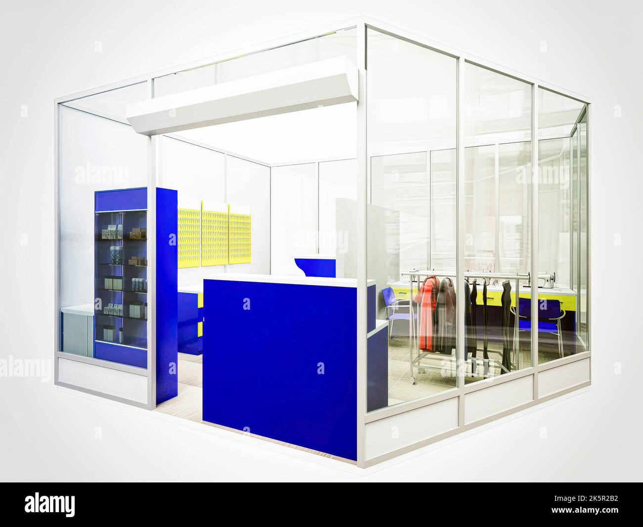 3D rendering of the interior design of a workshop for repairing shoes and making keys. 3d ...