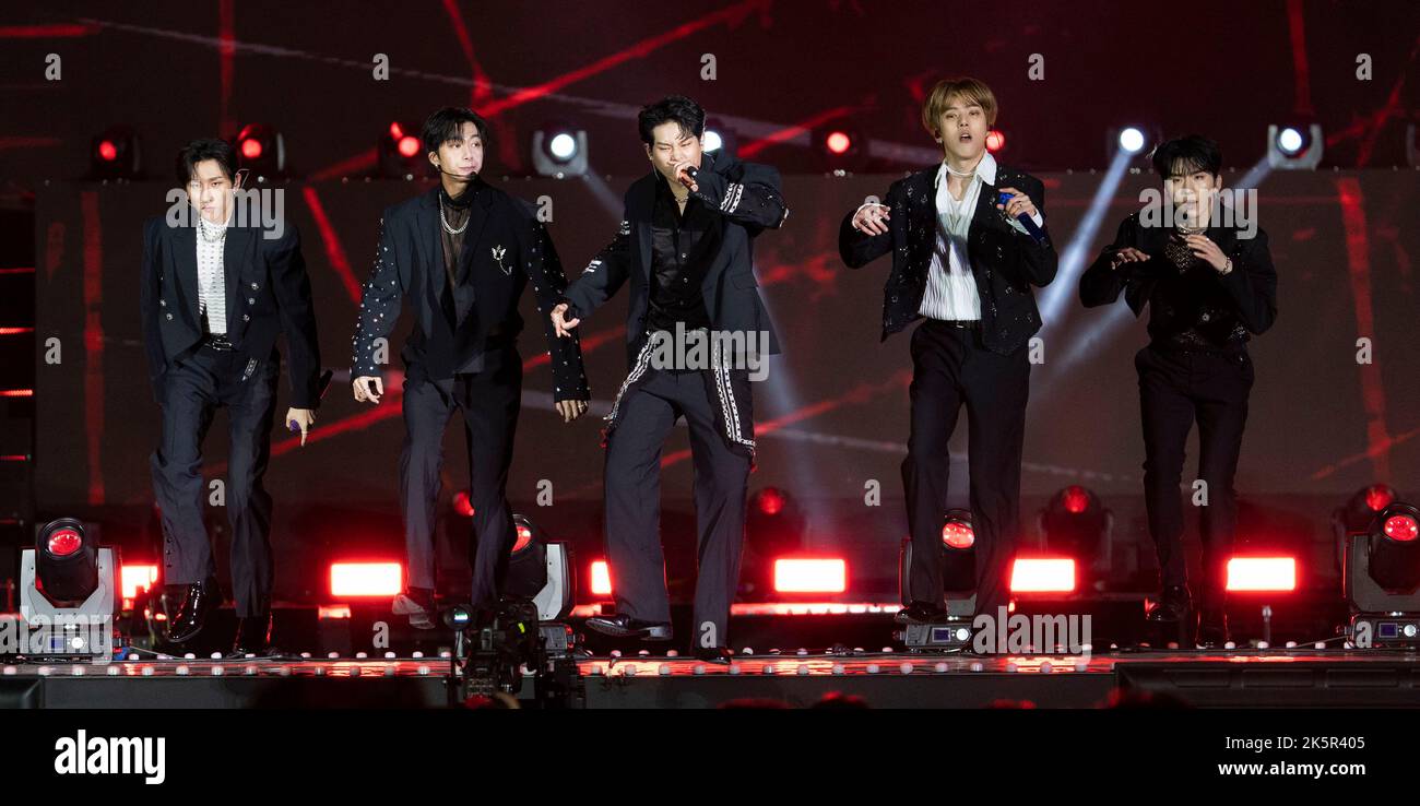 7 October 2022 - Seoul, South Korea : South Korean K-Pop boy band Monsta X, performs on the ...