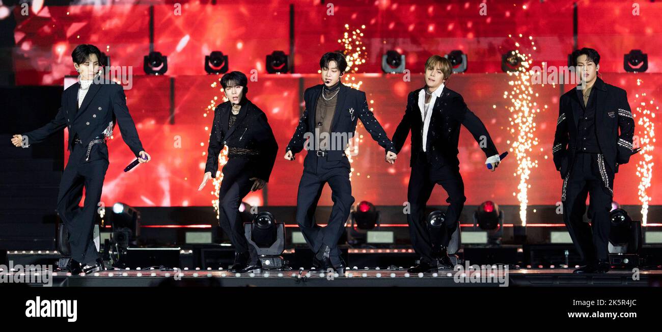 7 October 2022 - Seoul, South Korea : South Korean K-Pop boy band Monsta X, performs on the ...