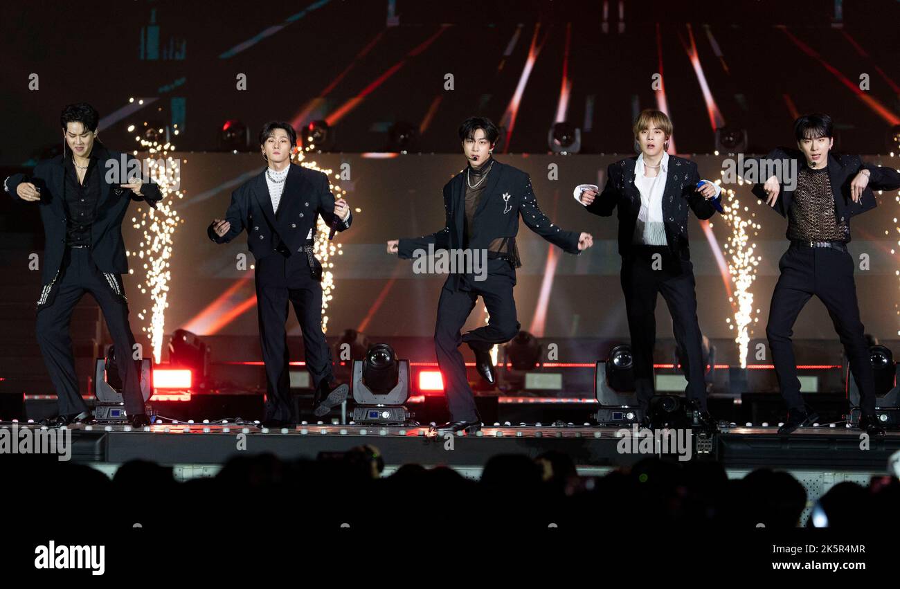 7 October 2022 - Seoul, South Korea : South Korean K-Pop boy band Monsta X, performs on the ...