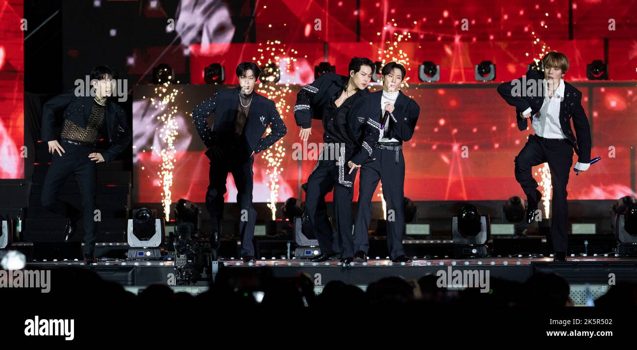 7 October 2022 - Seoul, South Korea : South Korean K-Pop boy band Monsta X, performs on the ...