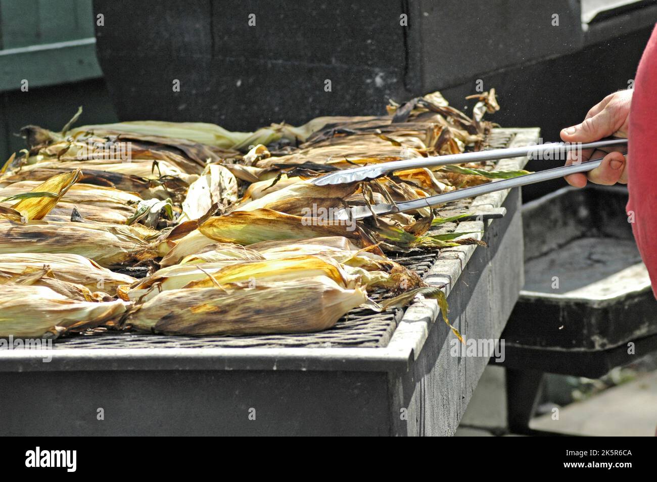 Corn grilling on open pit bar b q at fair in husks for eating Stock ...